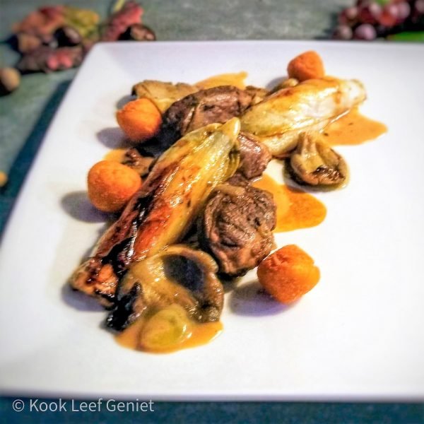 Varkenswangen met gebakken witloof en oesterzwammen Kook Leef Geniet